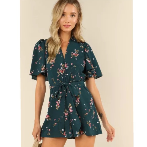 Pants & Jumpsuits | Green Floral Flounce Romper | Poshmark